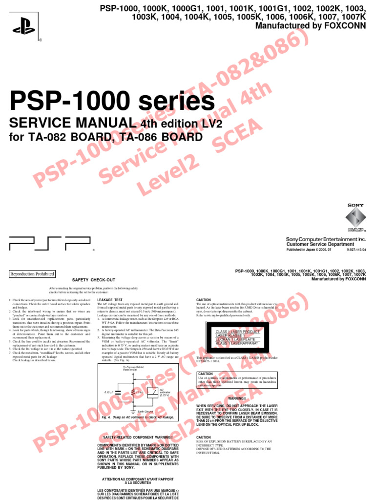 PSP 1000 Ta-082086 Service Manual PW Scea | PDF | Physical Sciences | Manufactured Goods