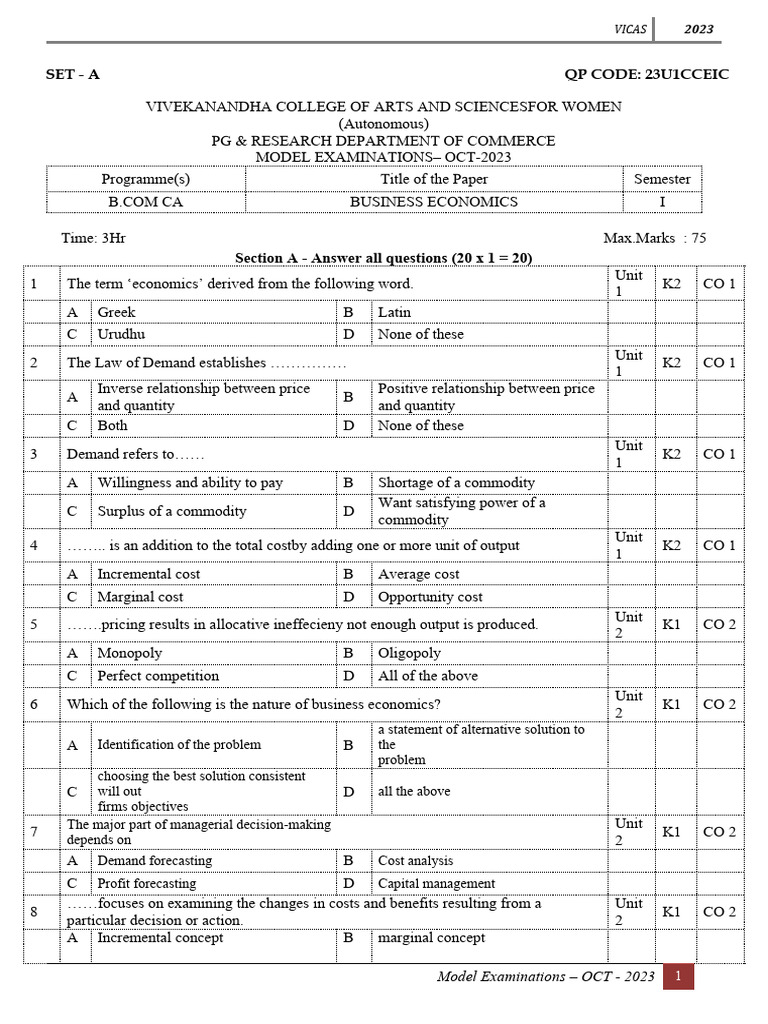 Business Economics QP Model | PDF | Audit | Economics