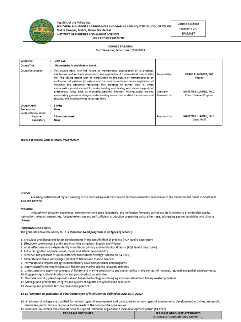 Course Syllabus (Carlo) | PDF | Mathematics | Linear Programming
