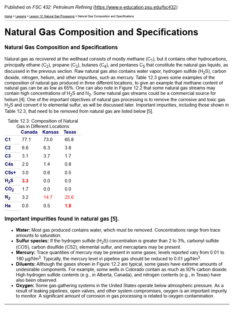 Natural Gas Composition and Specifications | PDF | Natural Gas ...