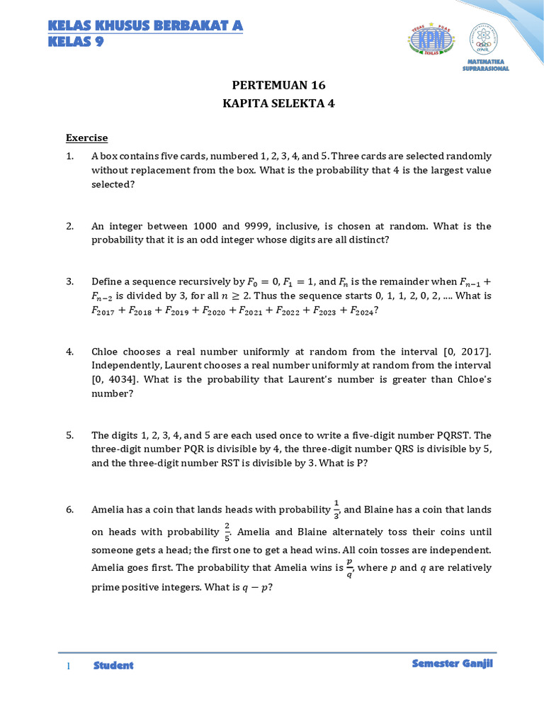 Materi 1-Berbakat A09-MTK-Pertemuan 16 - Kapita Selekta 4-1698285873 | PDF | Numbers | Integer