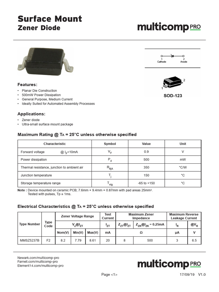 MMSZ5237 SMD Cod F2 | PDF | Diode | Computer Engineering