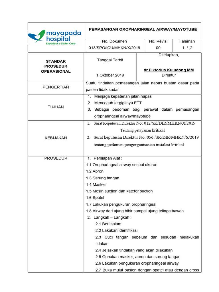 Spo - Icu - 013 Pemasangan Oropharingeal Airway Mayotube | PDF