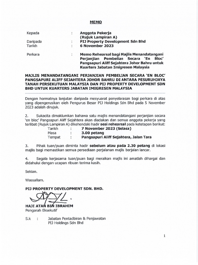 Memo Rehearsal Bagi Majlis Signing en Bloc Aliff Sejahtera | PDF
