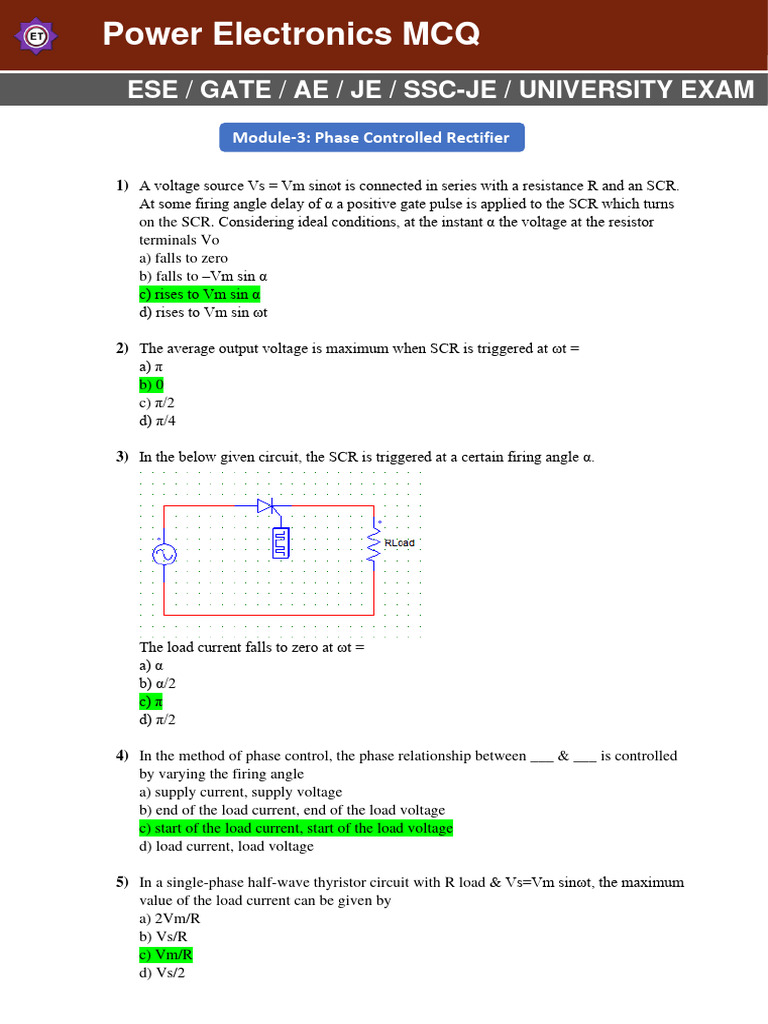 MCQ - Phase Controlled Rectifier | PDF | Rectifier | Power Electronics