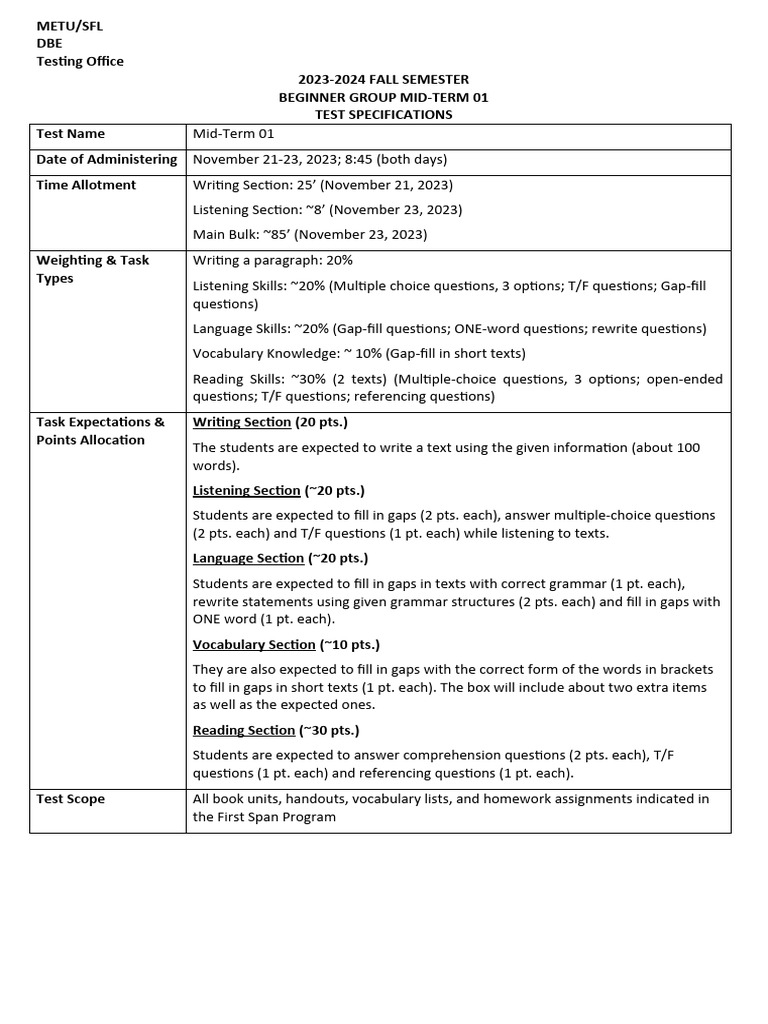 Beginner Mid-Term Test Details | PDF | Foreign Language Studies ...