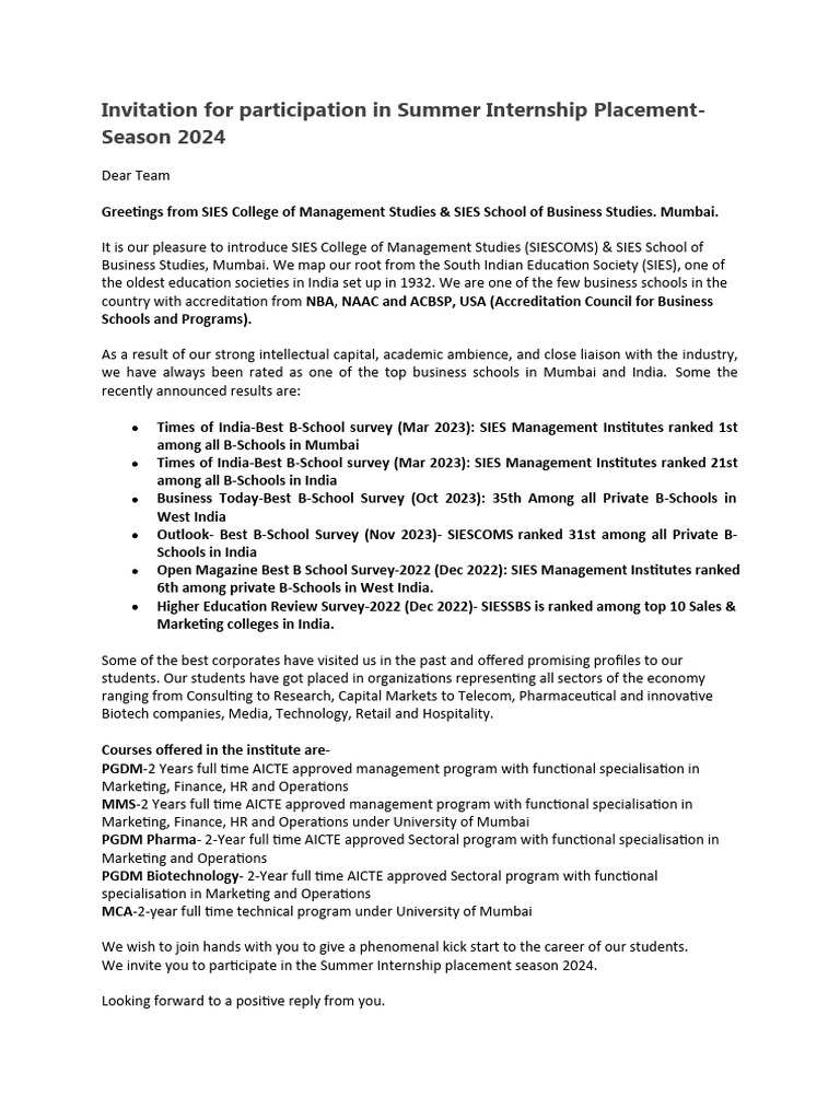 Summer Internship Placement Invitation 2024 | PDF | Master Of Business ...