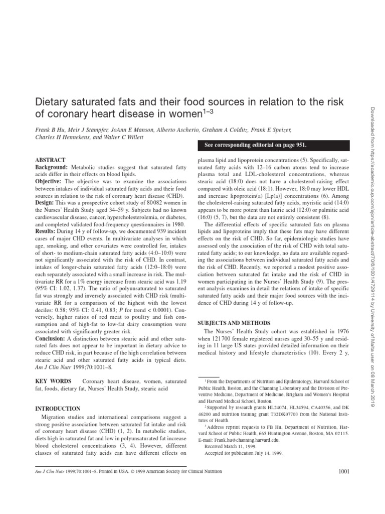 Dietary Saturated Fats And Their Food Sources In Relation To The Risk Pdf Diet And Nutrition