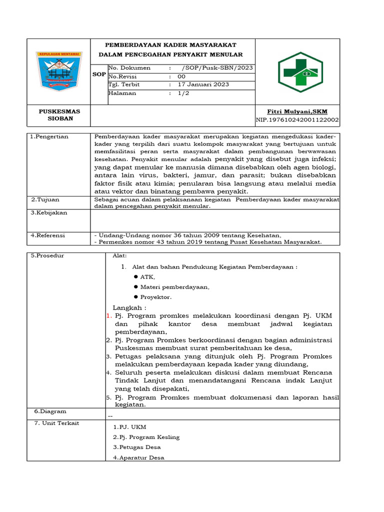 SOP Pemberdayaan Kader Masyarakat Dalam Pencegahan Penyakit Menular | PDF