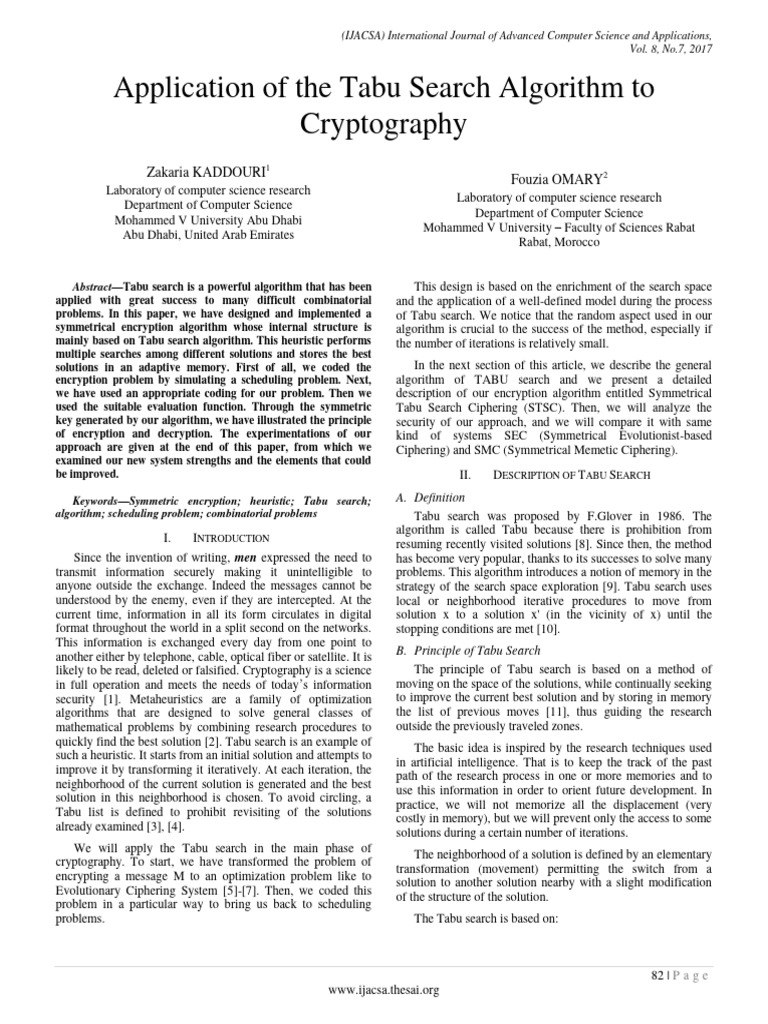 Paper 12 Application Of The Tabu Search Algorithm Pdf Cryptography
