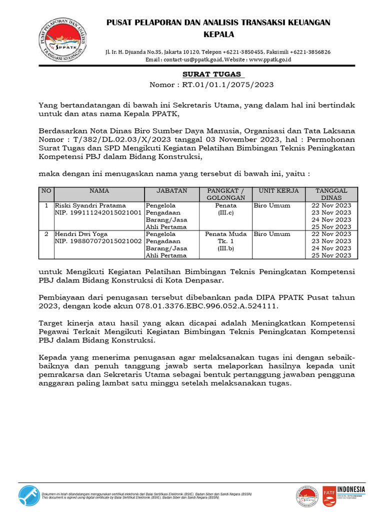 Surat Tugas Mengikuti Kegiatan Pelatihan Bimtek PBJ Dalam Bidang Konstruksi | PDF