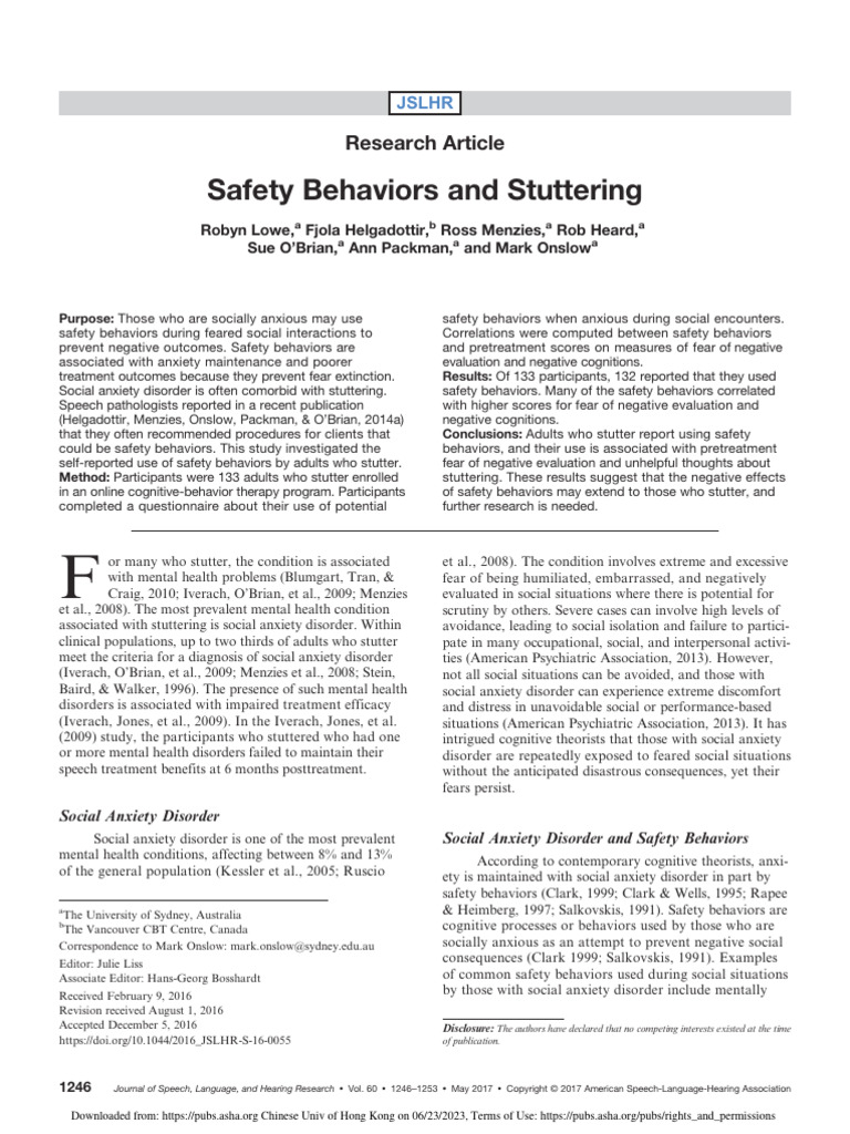 01 - StutSB - Safety Behaviors and Stuttering | PDF | Stuttering | Cognitive Behavioral Therapy