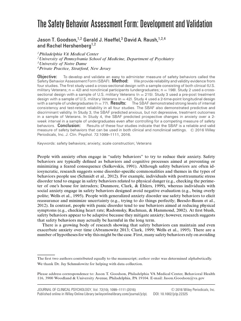 SB - The Safety Behavior Assessment Form - Development and Validation ... SB - The Safety Behavior Assessment Form - Development and Validation ...