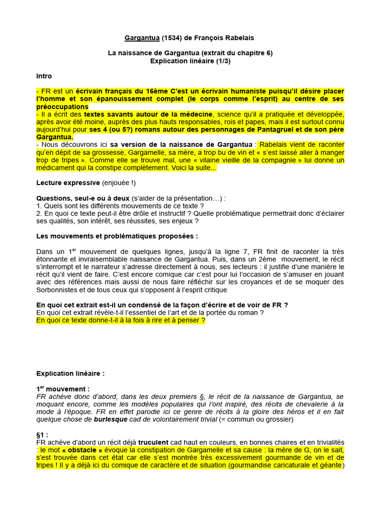 Explication Linéaire Naissance de Gargantua | PDF | Dogme | Humour