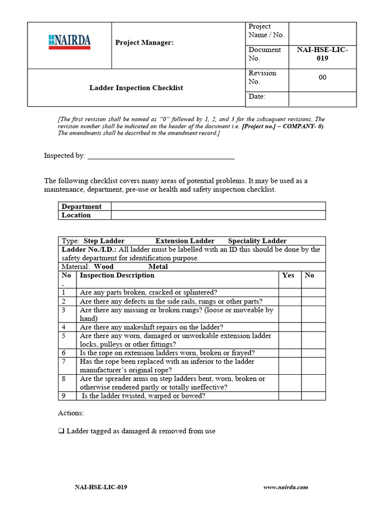 (NAI-HSE-LIC-019) Ladder Inspection Checklist | PDF | Ladder