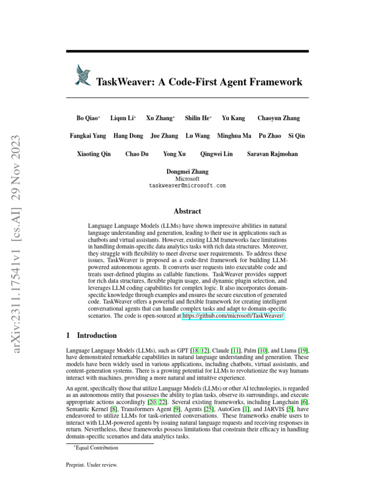 Taskweaver: A Code-First Agent Framework: Equal Contribution | PDF | Databases | Process (Computing)