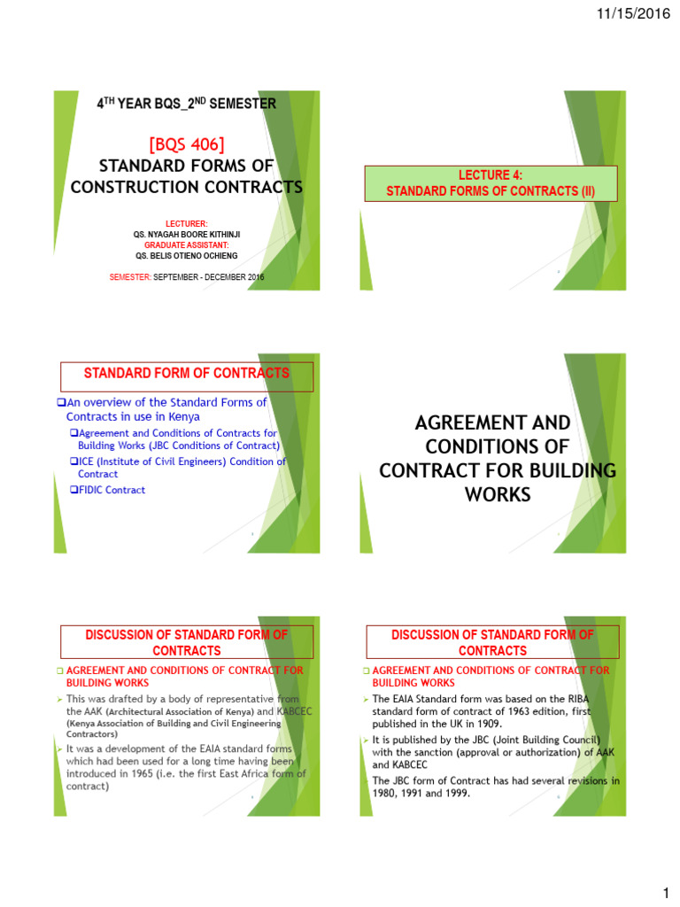 BQS 406 (Standard Forms of Construction Contracts) - Lecture 4 | PDF | Employment | Legal Liability