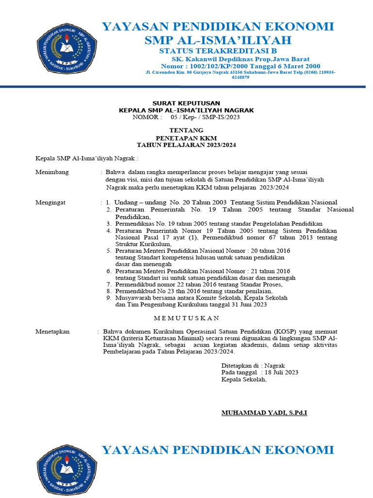 SK Penetapan KKM Tahun 20232024 | PDF