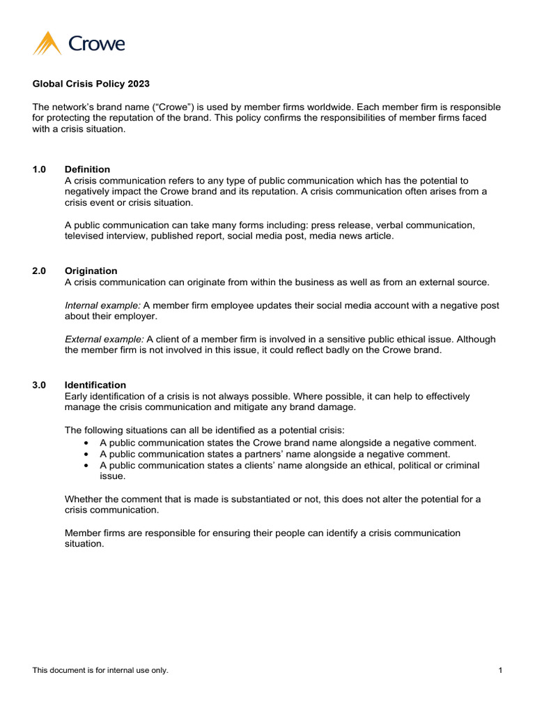 Crisis Communication Policy Overview | PDF | Communication | Brand
