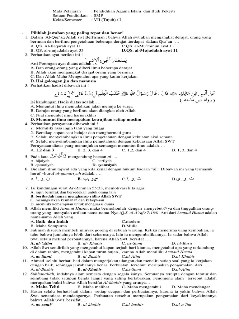Soal PAI Kelas 7 Semester Ganjil TP 2022-2023 | PDF