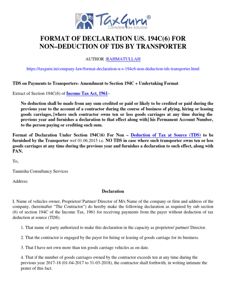 S. 194C (6) For Non-Deduction of TDS by Transporter - Taxguru - in ...