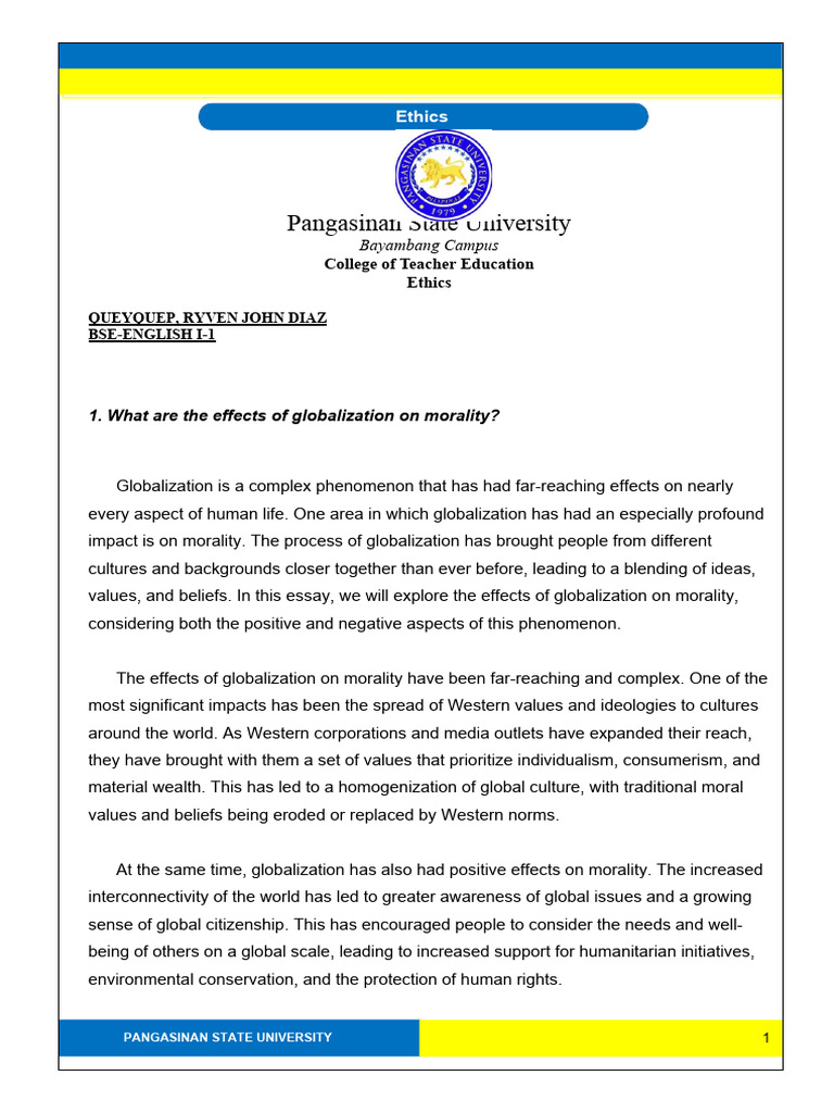 Queyquep Ryven John D. Ethics | PDF | Morality | Globalization