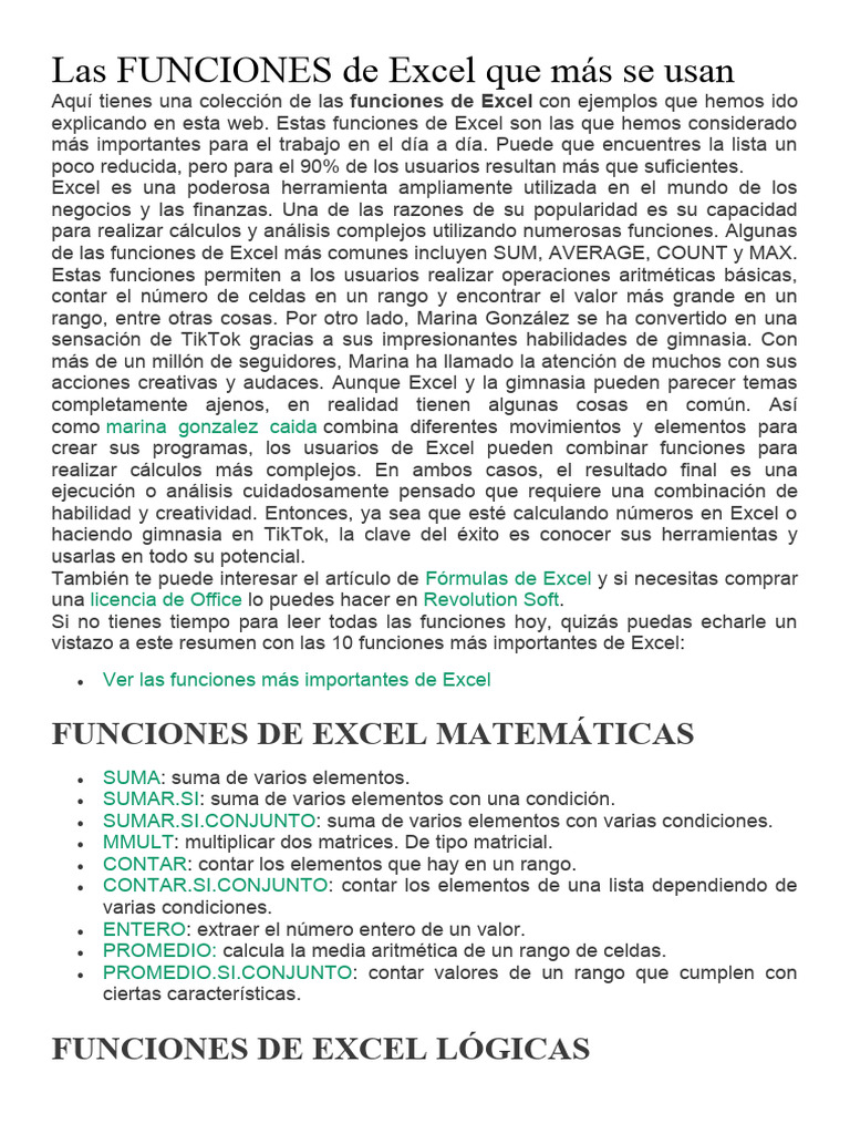 Las FUNCIONES de Excel que más se usan | PDF | Microsoft Excel | Matriz (Matemáticas)