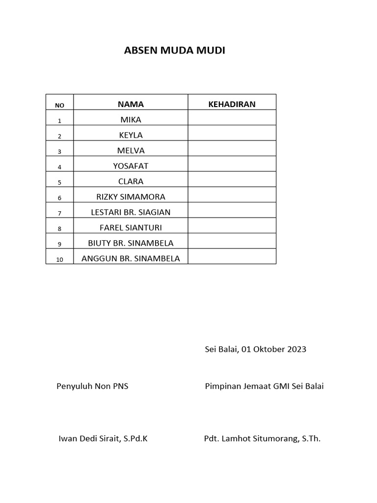 Absen Muda Mudi Bulan Oktober | PDF