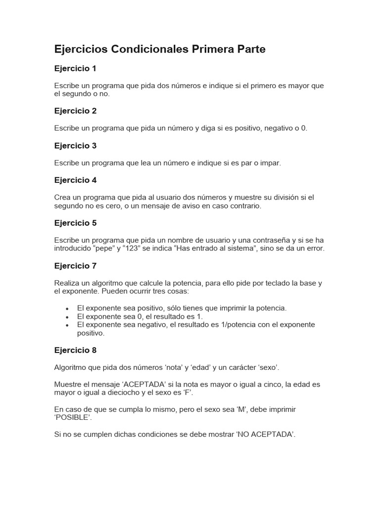 00 Ejercicios Condicionales Iniciales PrimeraParte | PDF