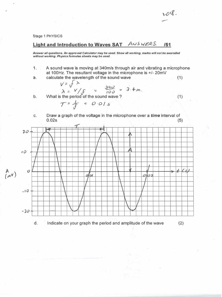Physics Stage 1 Light and Waves SAT 2018 Urrbrae ANSWERS | PDF | Diffraction | Waves