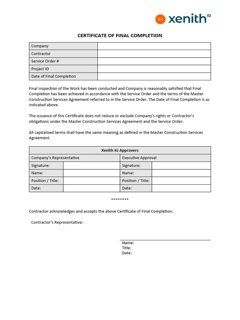 Template Certificate of Final Completion | PDF