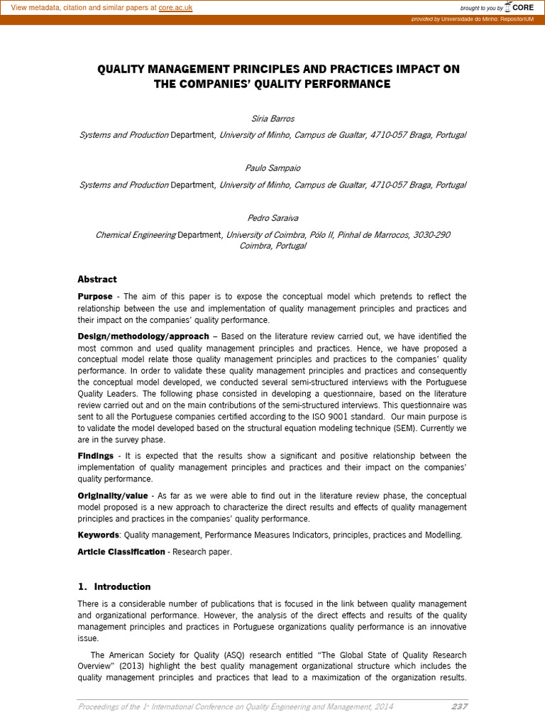 Quality Management Principles and Practices Impact On The Companies ...