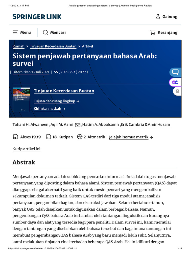 Arabic Question Answering System - A Survey - Artificial Intelligence Review | PDF