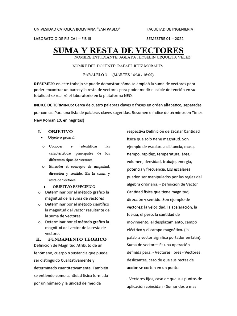 Laboratoio de Fisica Practica 1 Aglaya Urquieta | PDF | Vector Euclidiano | Física