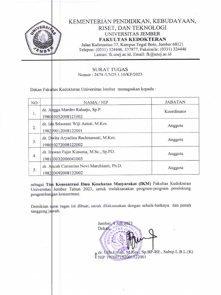 Surat Tugas Tim Konsentrasi IKM 2023 | PDF | Sains & Matematika