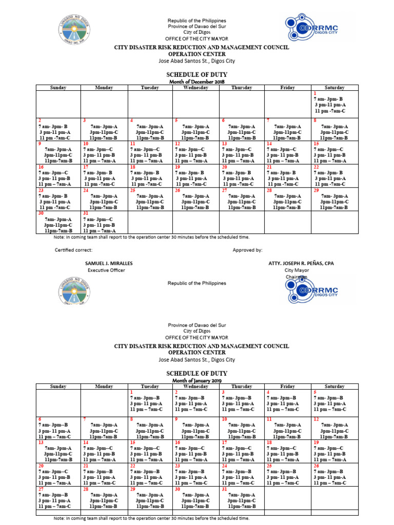 Schedule of Duty 2019 | PDF