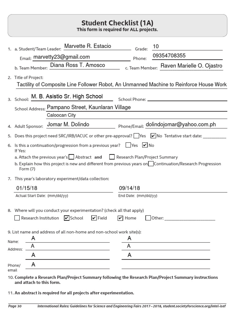 1A Student Checklist Research Plan Instructions | PDF | Risk | Science