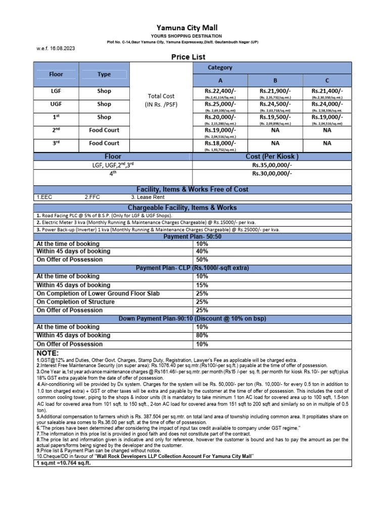 Yamuna City Mall Price List 2023 | PDF | Payments | Economies