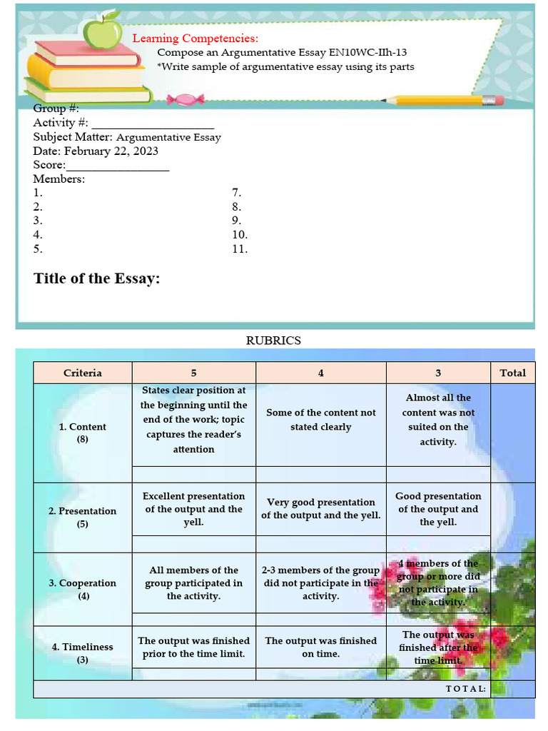 Activity Sheet 1 - Argumentative Essay | PDF | Essays | Human Communication