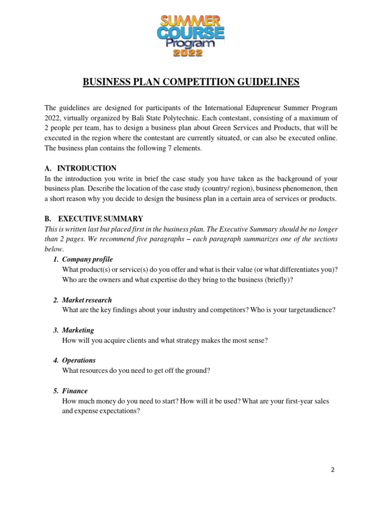 Business Plan Competition Guidelines 2022 | PDF | Marketing | Pricing