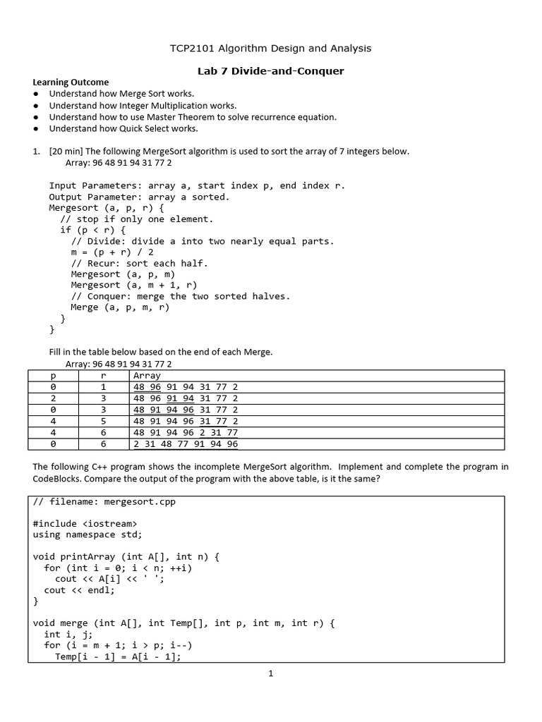 TCP2101 Algorithm Design and Analysis Lab07 - Divide-and-Conquer | PDF | Mathematical Logic ...