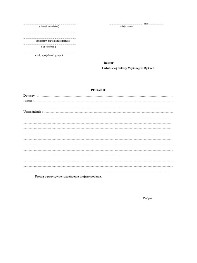 Podanie Do Rektora Wzór | PDF