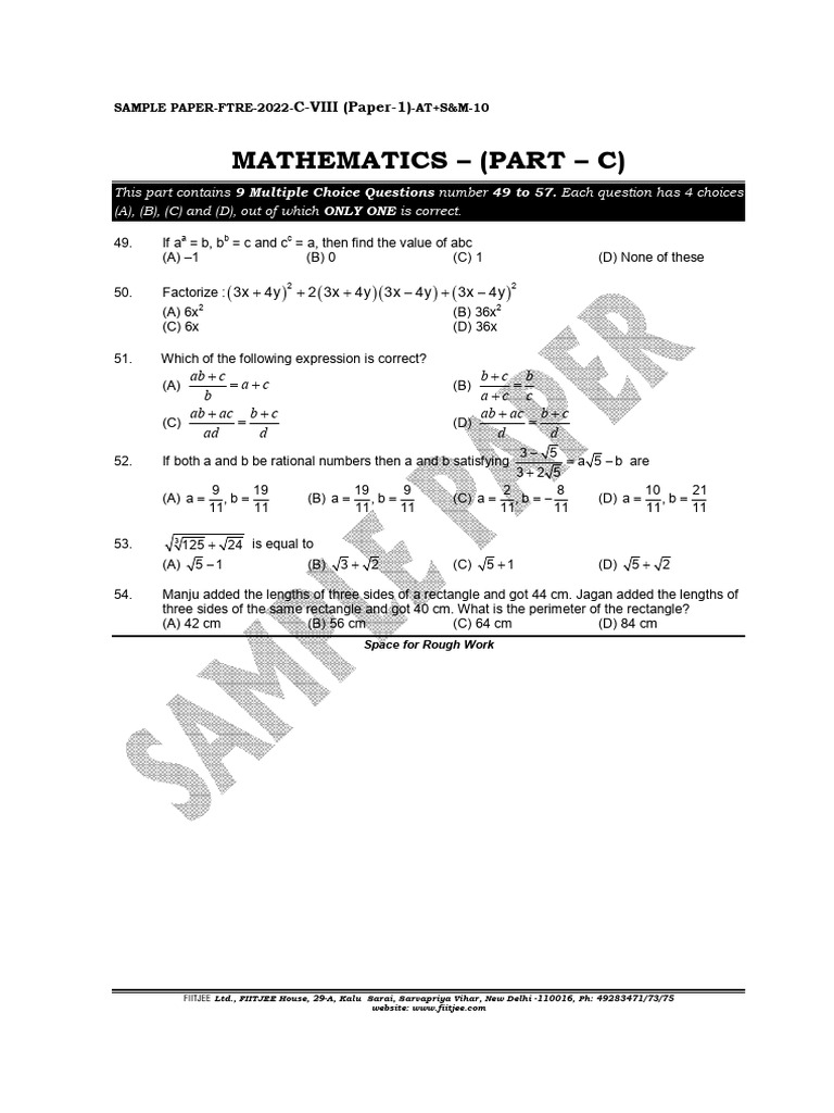 Ftre 2022 8th p1 Sample Paper Math | PDF | Geometry | Elementary Geometry