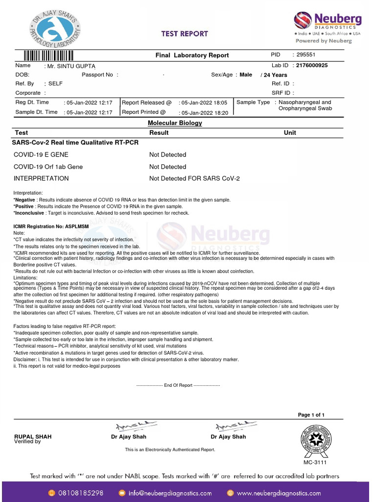 RT-PCR Test Result SintuGupta | PDF | Reverse Transcription Polymerase ...
