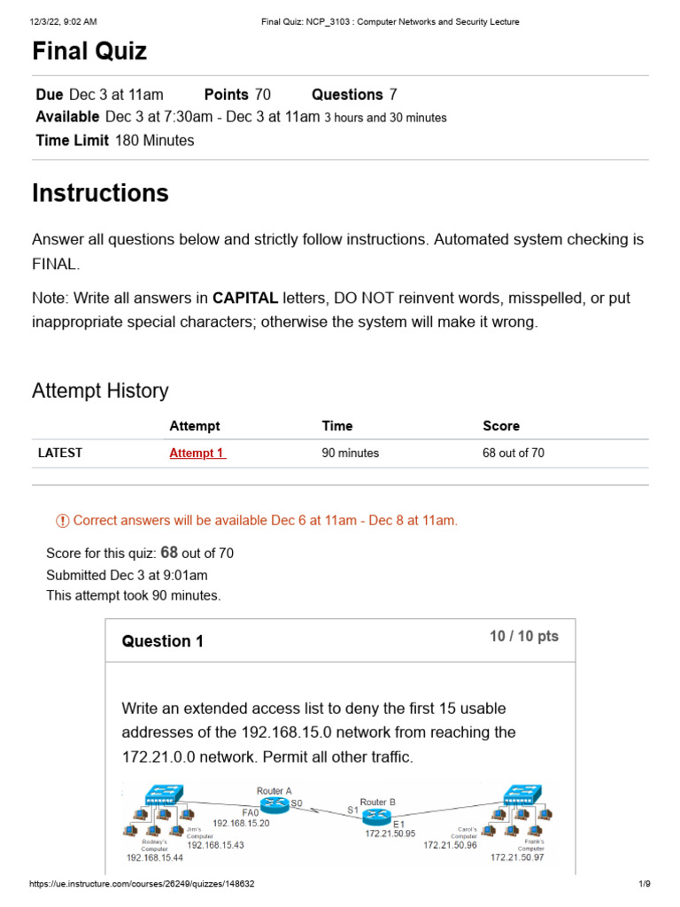 Final Quiz NCP 3103 Computer Networks and Security Lecture | PDF | Ip Address | Router (Computing)