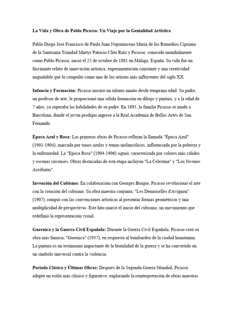 La Vida y Obra de Pablo Picasso | PDF | Pablo Picasso | Cubismo