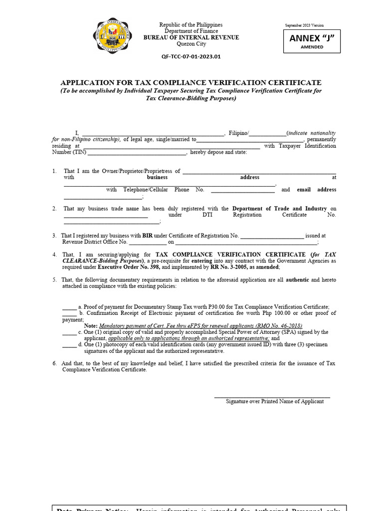 Application For Tax Compliance Verification Certificate Individual Taxpayers | PDF | Identity ...