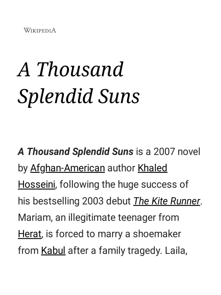 A Thousand Splendid Suns - Wikipedia | PDF