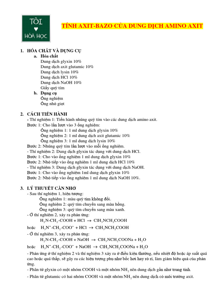 THÍ NGHIỆM TÍNH AXIT-BAZO CỦA DUNG DỊCH AMINO AXIT | PDF