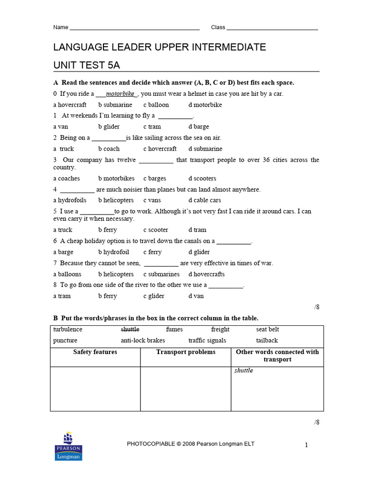 Language Leader Unit Test 5A | PDF | Ferry | Vehicles